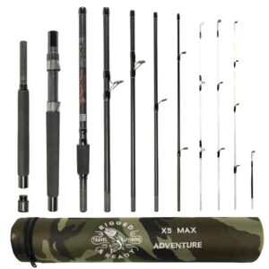 rigged and ready x5 max powerful travel fishing rod super compact, multi-functional travel rod. 1 rod 9 combinations. 2.70m (8.9’), 2.45m (8’), 2.25m (7.4’) lengths. compact 43cm 16.5’ carry case.