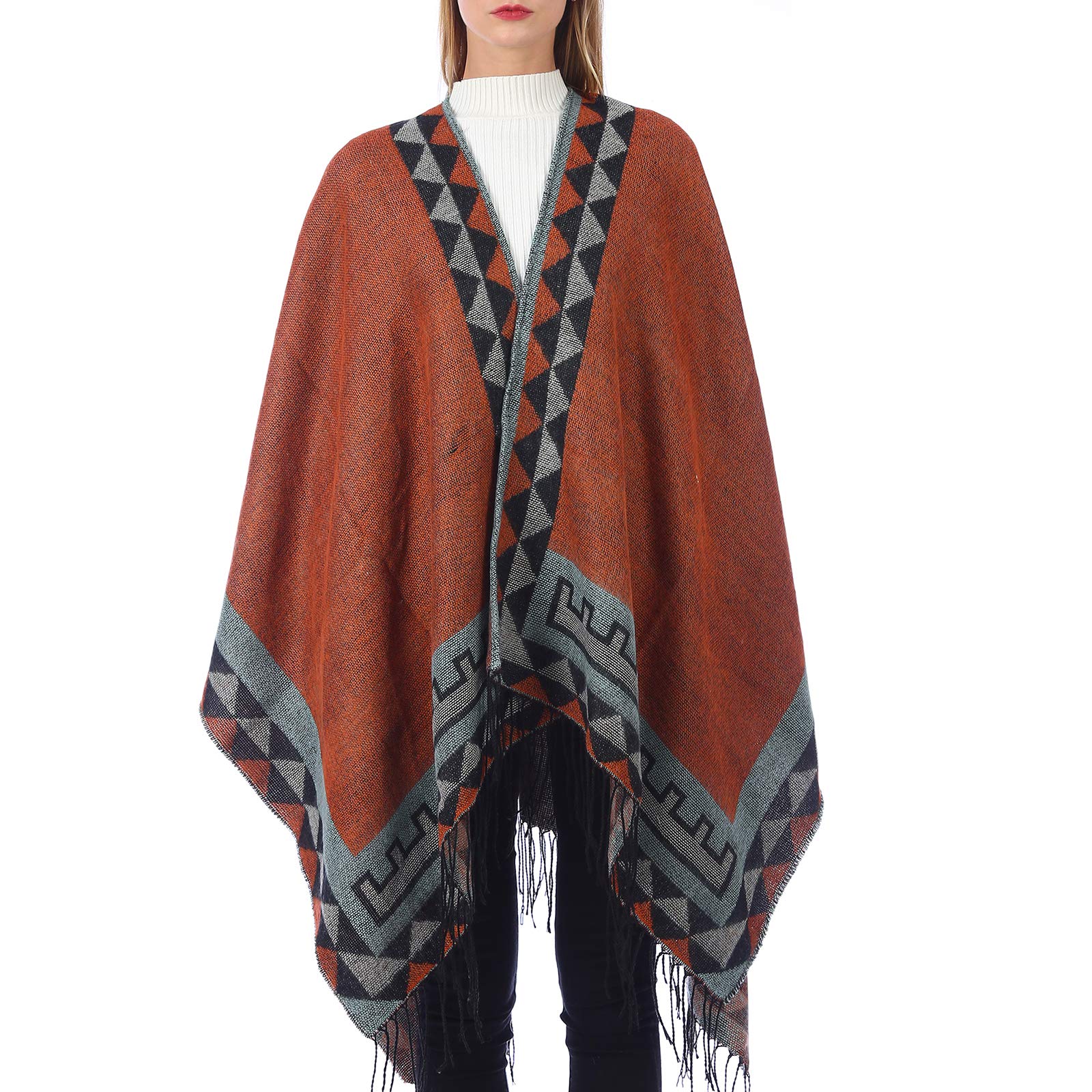 Womens Blanket Shawls Wraps Winter Printed Open Front Poncho Cape Plaid Shawls for Women Orange-series 25