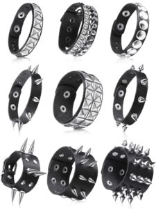 hicarer 9 pieces spiked studded bracelet black leather rivet punk bracelet cuff wrap bangle snap button metal wristband for men women (classic style)