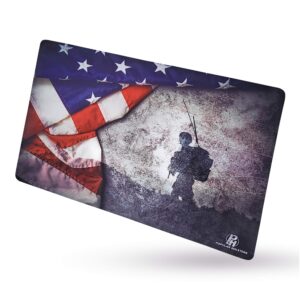 gun cleaning mat by ph - measures 11" x 17" 3 mm thick - oil and solvent resistant padded non-slip - compatible with compact to large guns - for maintenance or repairs to your firearm (flag+soldier)