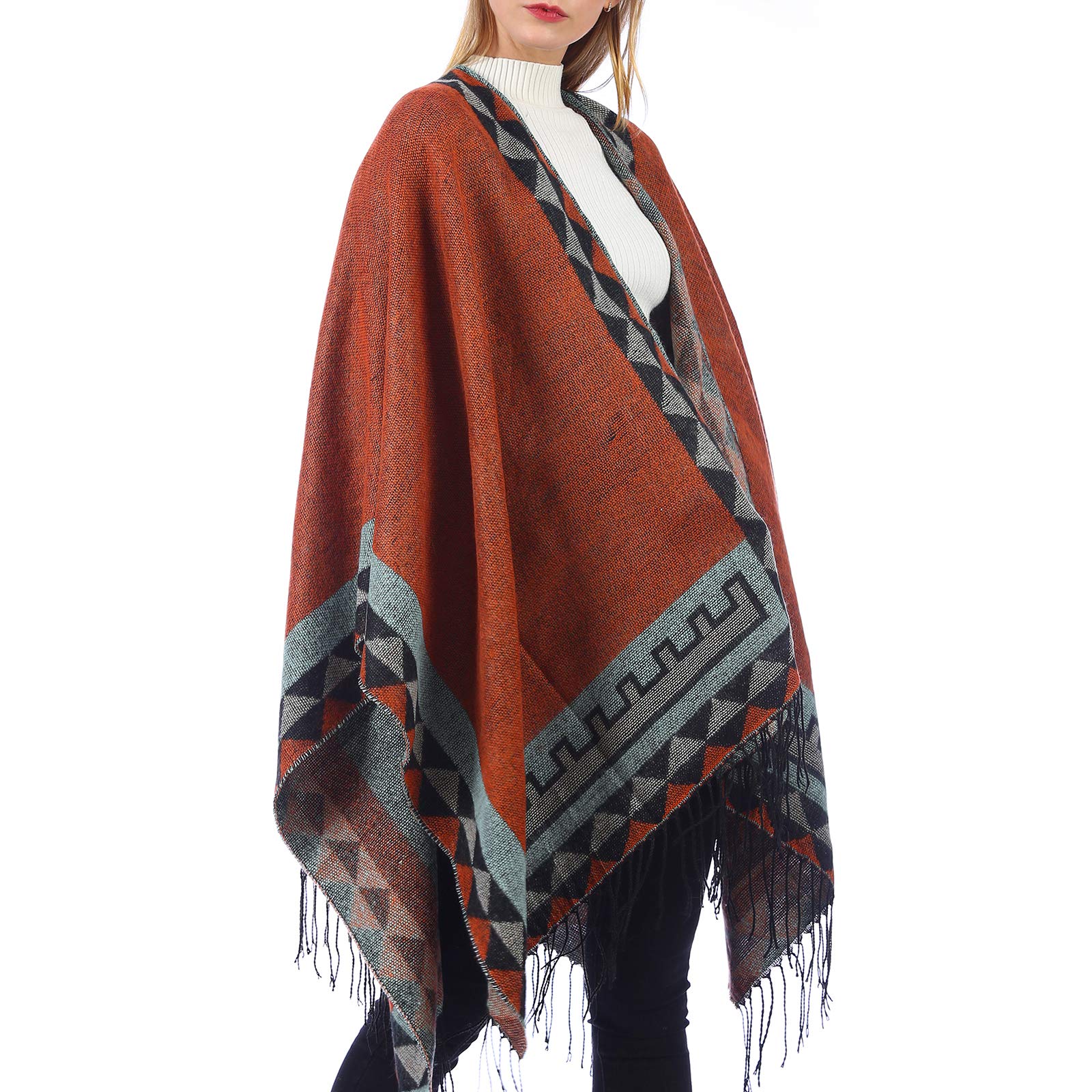 Womens Blanket Shawls Wraps Winter Printed Open Front Poncho Cape Plaid Shawls for Women Orange-series 25