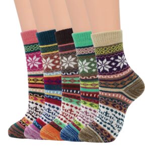 zando women's fall winter hiking socks wool socks for women boot socks vintage wool socks soft warm socks thick knit cozy socks crew socks shoe size:5-9 bright color snowflake