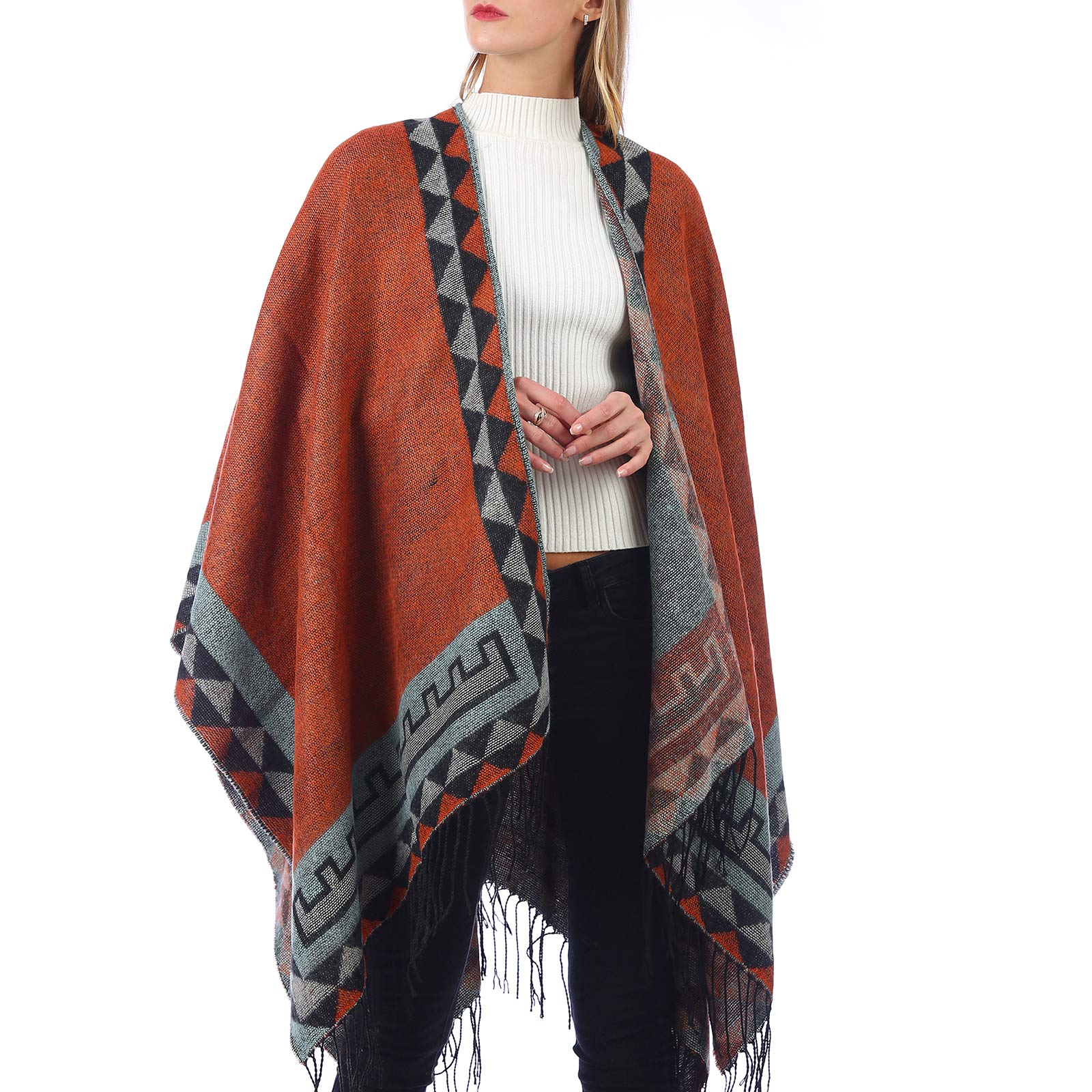 Womens Blanket Shawls Wraps Winter Printed Open Front Poncho Cape Plaid Shawls for Women Orange-series 25