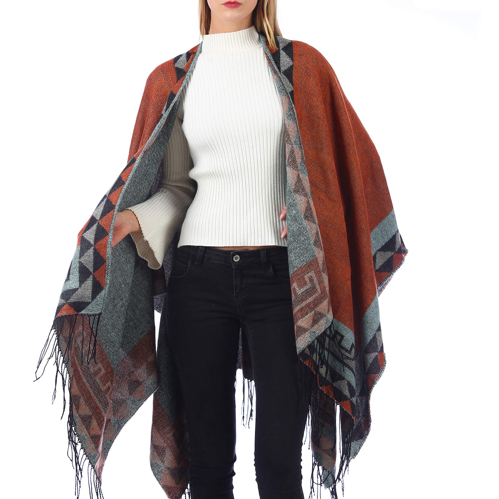 Womens Blanket Shawls Wraps Winter Printed Open Front Poncho Cape Plaid Shawls for Women Orange-series 25