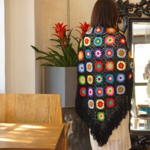 Hblanket Handmade Crochet tassels Fringed Poncho Cape Shawls Wraps Granny Square Womens Coat Sweater (black) 68x33in