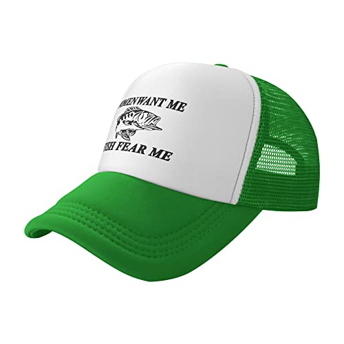 Women Want Me Fish Fear Me Trucker Hat Summer Mesh Cap Trucker Baseball Cap for Men Women Green