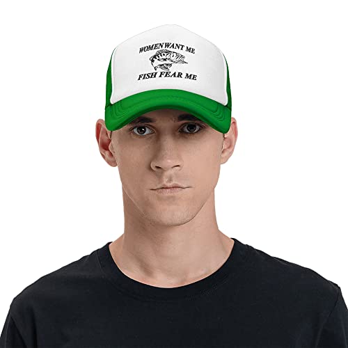 Women Want Me Fish Fear Me Trucker Hat Summer Mesh Cap Trucker Baseball Cap for Men Women Green