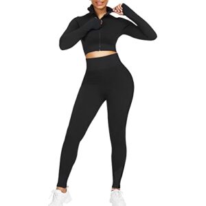 joymode women's workout sets 2 piece seamless textured high waist legging crop top gym, 2 piece-black, medium