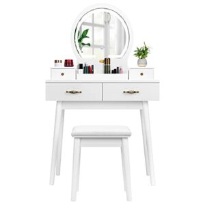 vivohome vanity set with 3-color dimmable lighted mirror, makeup dressing table with drawers, padded stool, white