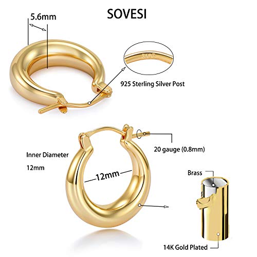 sovesi Chunky Gold Hoop Earrings for Women with 925 Sterling Silver Post, 14K Gold Plated Small Hoop Earrings for Women 18mm