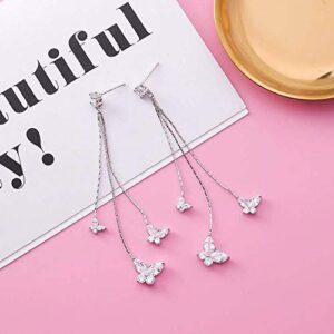 Zircon Butterfly Tassel Earrings for Women Long Colours Crystal Imitation Pearl Dangle Earrings Rhinestone Butterfly Drop Earrings (Silver)