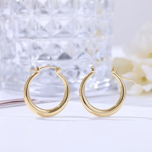 sovesi Chunky Gold Hoop Earrings for Women with 925 Sterling Silver Post, 14K Gold Plated Small Hoop Earrings for Women 18mm