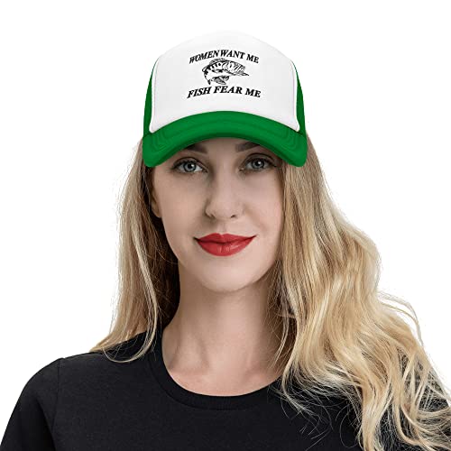 Women Want Me Fish Fear Me Trucker Hat Summer Mesh Cap Trucker Baseball Cap for Men Women Green