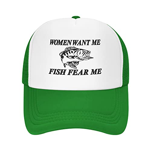 Women Want Me Fish Fear Me Trucker Hat Summer Mesh Cap Trucker Baseball Cap for Men Women Green