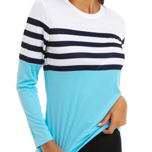 NEYOUQE Women's Summer Fall Comfort Colors Lovely Striped Long Sleeve Pullover Crewneck Travel Under Shirt Soft Aesthetic SPF Clothing Lake Blue S