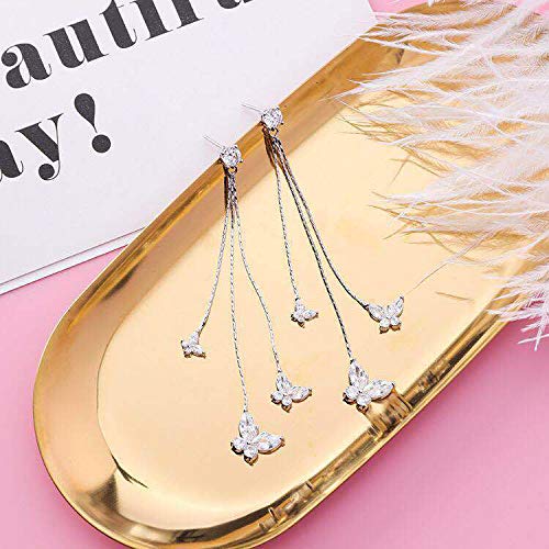 Zircon Butterfly Tassel Earrings for Women Long Colours Crystal Imitation Pearl Dangle Earrings Rhinestone Butterfly Drop Earrings (Silver)