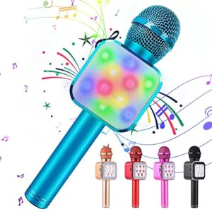 kidwill wireless bluetooth karaoke microphone for kids, 5-in-1 portable handheld karaoke mic speaker player recorder with led lights for kids girls boys teens birthday (1818-blue)