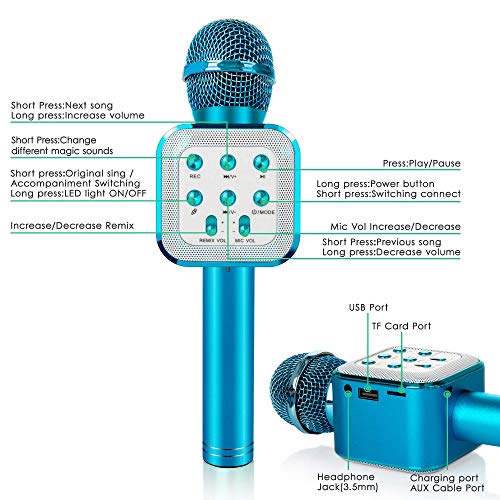 KIDWILL Wireless Bluetooth Karaoke Microphone for Kids, 5-in-1 Portable Handheld Karaoke Mic Speaker Player Recorder with LED Lights for Kids Girls Boys Teens Birthday (1818-Blue)