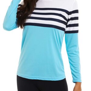 NEYOUQE Women's Summer Fall Comfort Colors Lovely Striped Long Sleeve Pullover Crewneck Travel Under Shirt Soft Aesthetic SPF Clothing Lake Blue S