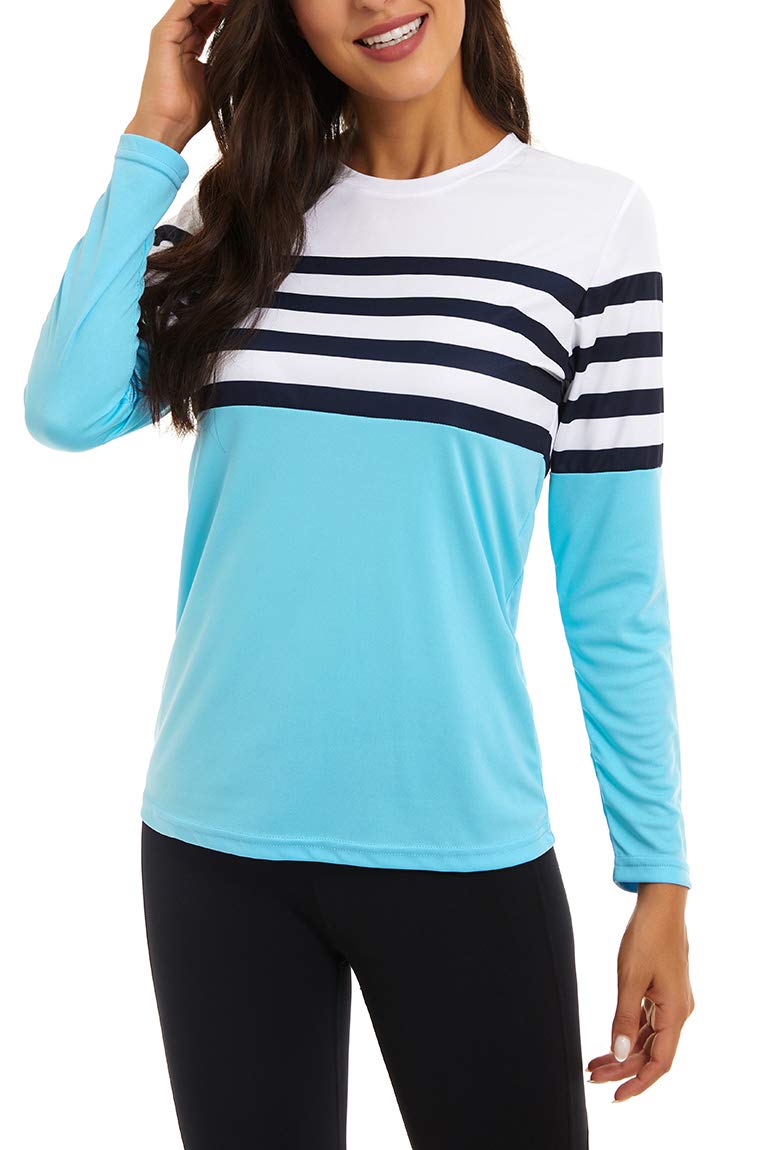 NEYOUQE Women's Summer Fall Comfort Colors Lovely Striped Long Sleeve Pullover Crewneck Travel Under Shirt Soft Aesthetic SPF Clothing Lake Blue S