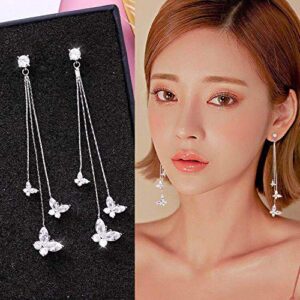 Zircon Butterfly Tassel Earrings for Women Long Colours Crystal Imitation Pearl Dangle Earrings Rhinestone Butterfly Drop Earrings (Silver)