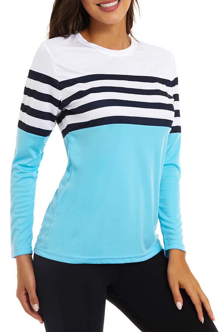 NEYOUQE Women's Summer Fall Comfort Colors Lovely Striped Long Sleeve Pullover Crewneck Travel Under Shirt Soft Aesthetic SPF Clothing Lake Blue S