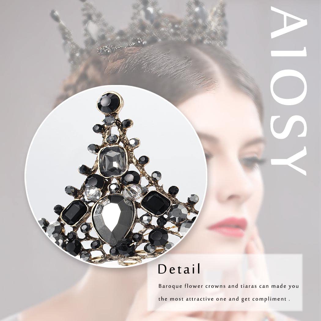 Aiosy Baroque Black Crown Gothic Tiaras and Crowns Crystal Bridal Queen Headpiece Wedding Hair Accessories for Halloween Costume Party Prom