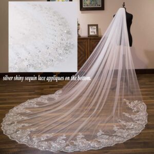 Wedding Veil Bridal Comb Veils Lace Appliques Long Ribbon Edge Cathedral Gift Length 118inch White Hair Pins Barrettes Gift Headband