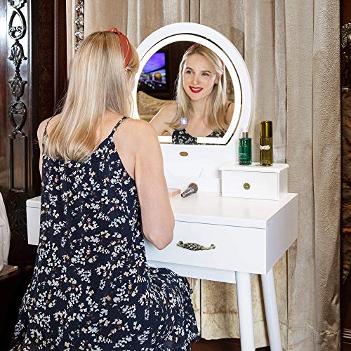 VIVOHOME Vanity Set with 3-Color Dimmable Lighted Mirror, Makeup Dressing Table with Drawers, Padded Stool, White