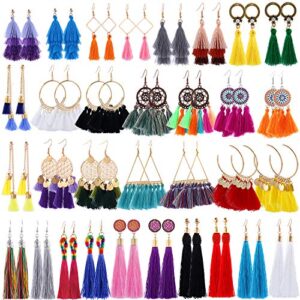 aroic 32 pairs tassel earrings with colorful tassel long layered dangle hoop tiered thread earrings set for women jewelry fashion and valentine birthday party gift