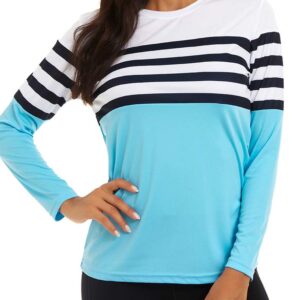 NEYOUQE Women's Summer Fall Comfort Colors Lovely Striped Long Sleeve Pullover Crewneck Travel Under Shirt Soft Aesthetic SPF Clothing Lake Blue S