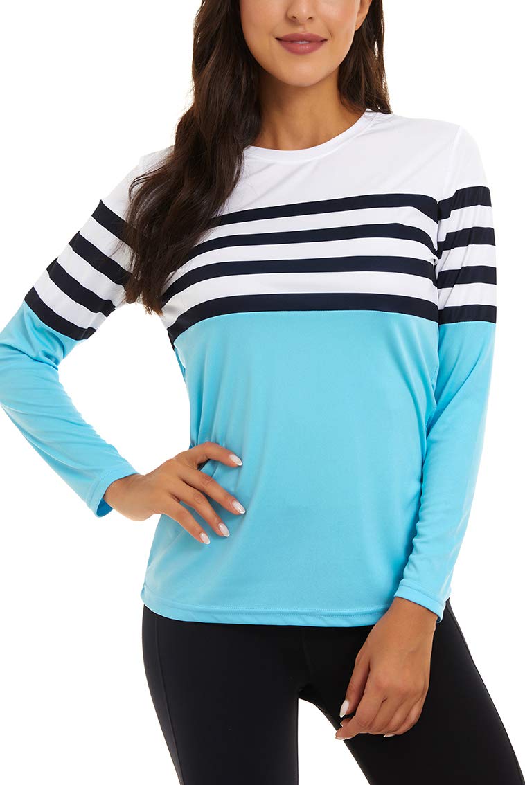 NEYOUQE Women's Summer Fall Comfort Colors Lovely Striped Long Sleeve Pullover Crewneck Travel Under Shirt Soft Aesthetic SPF Clothing Lake Blue S