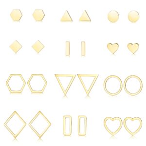 joerica gold tone geometric minimalist stud earrings for women simple rhombus hexagon triangle bar heart circle earrings set