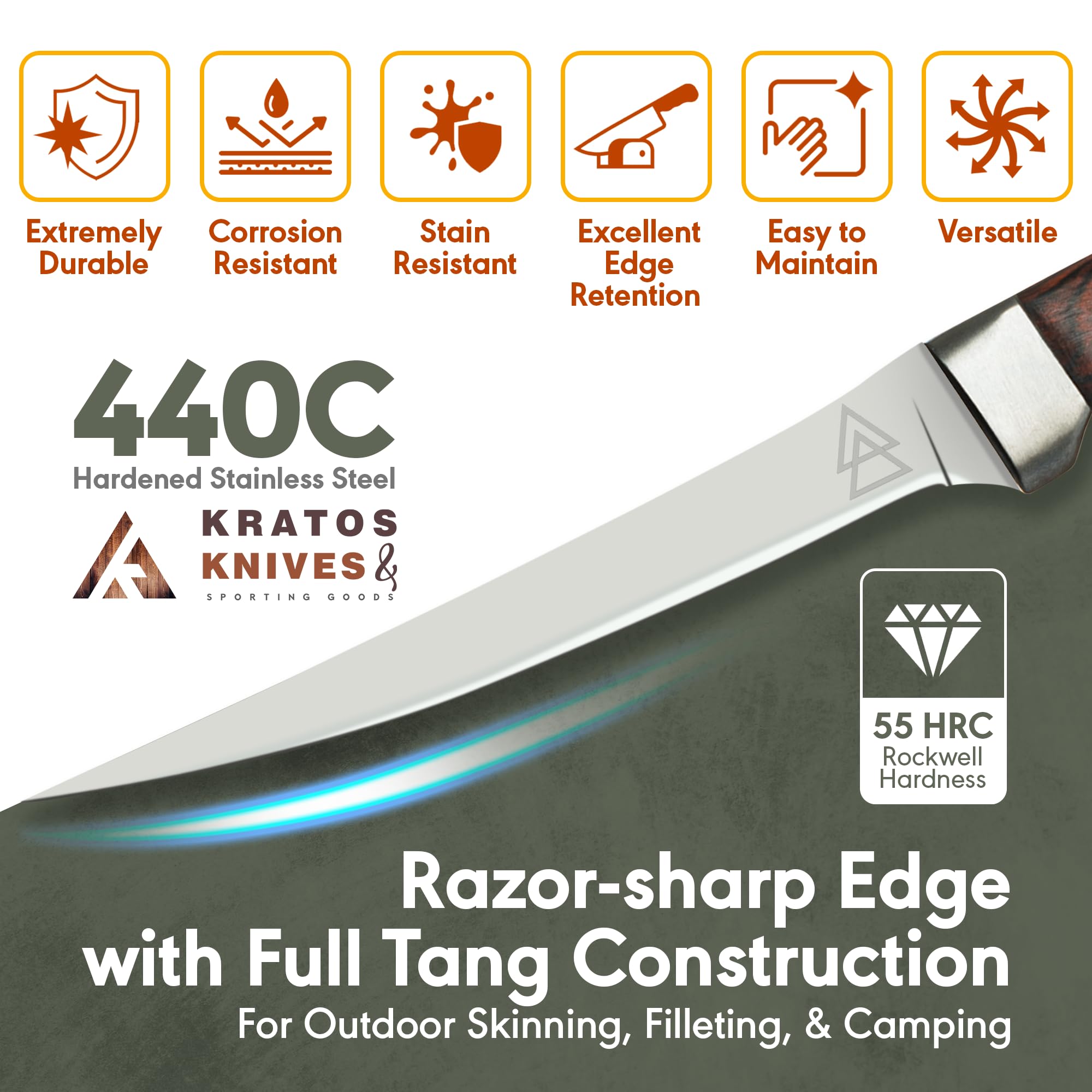 Bushcraft Fillet Knife, 12 Inch Fillet Knife for Fish, Fixed Blade Fish Fillet Knife, 440C Hardened Stainless Steel Boning Knife by Kratos - ZF3F