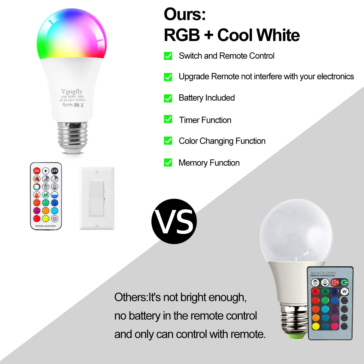 Vgogfly RGB Led Light Bulbs 10W Color Changing Light Bulb with Remote Control 5000k Daylight White (2 Pack)