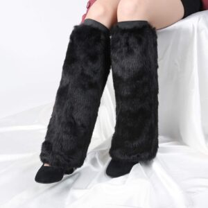 JANFINE Women's Fur Leg Warmers Boot Winter Faux Rabbit Fur Furry Fuzzy Leg Warmer Cuffs Cover For Women(40CM-Black)