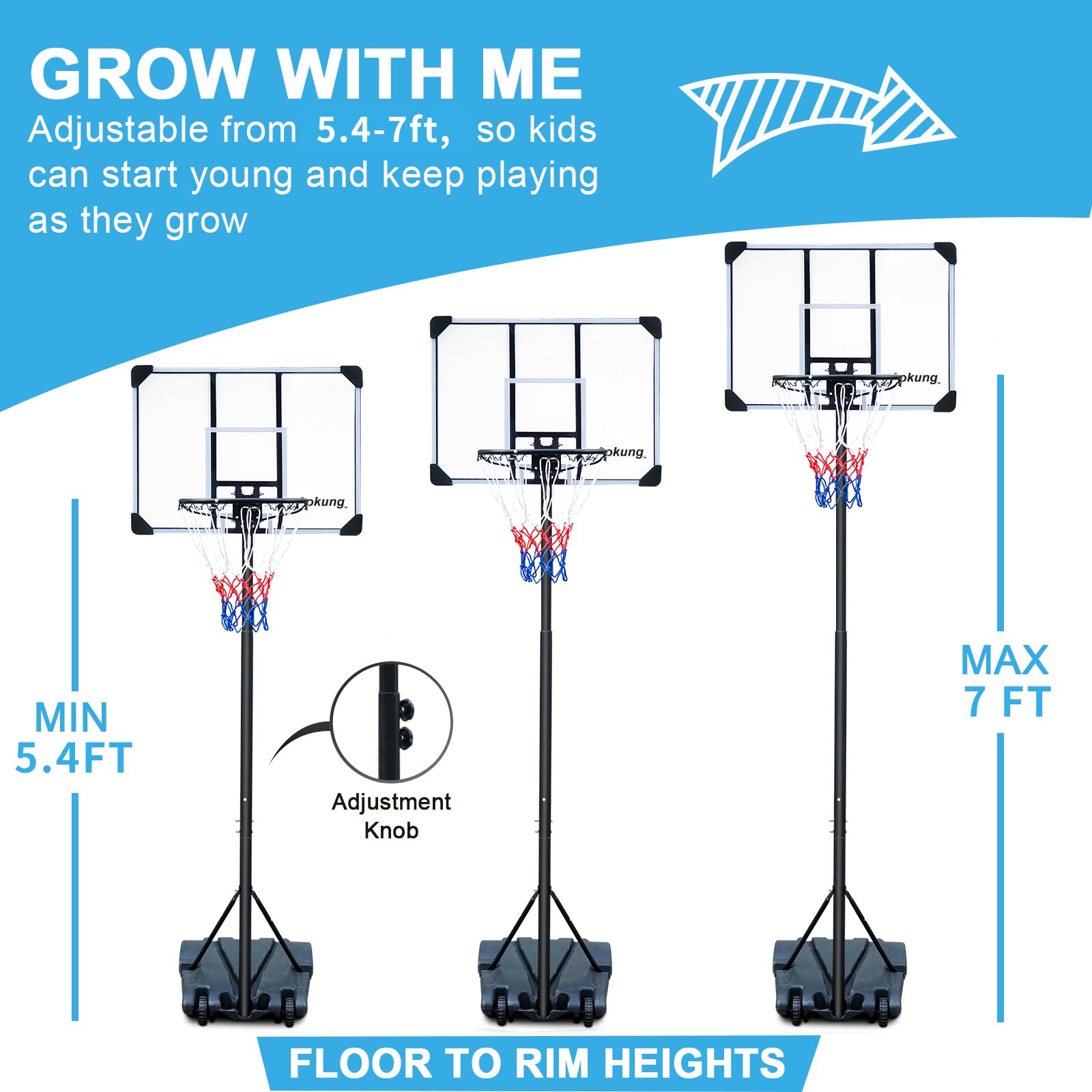 aokung Portable Basketball Hoop Stand w/Wheels for Kids Youth Adjustable Height 5.4ft - 7ft Use for Indoor Outdoor and Poor Basketball Goals Play Set