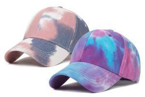 2-pieces tie-dye baseball-cap for women girl rainbow cute washed dad hat (blue+pinke 2pc)