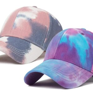 2-Pieces Tie-Dye Baseball-Cap for Women Girl Rainbow Cute Washed Dad Hat (Blue+Pinke 2pc)