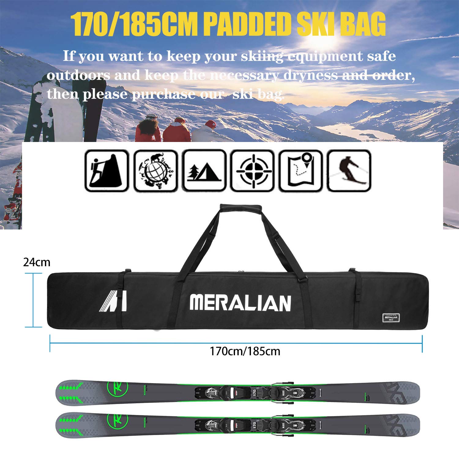 MERALIAN Padded Ski Bag,Waterproof Full Padded Ski Travel Bag with Adjustable Shoulder Strap. (Black, 170CM)