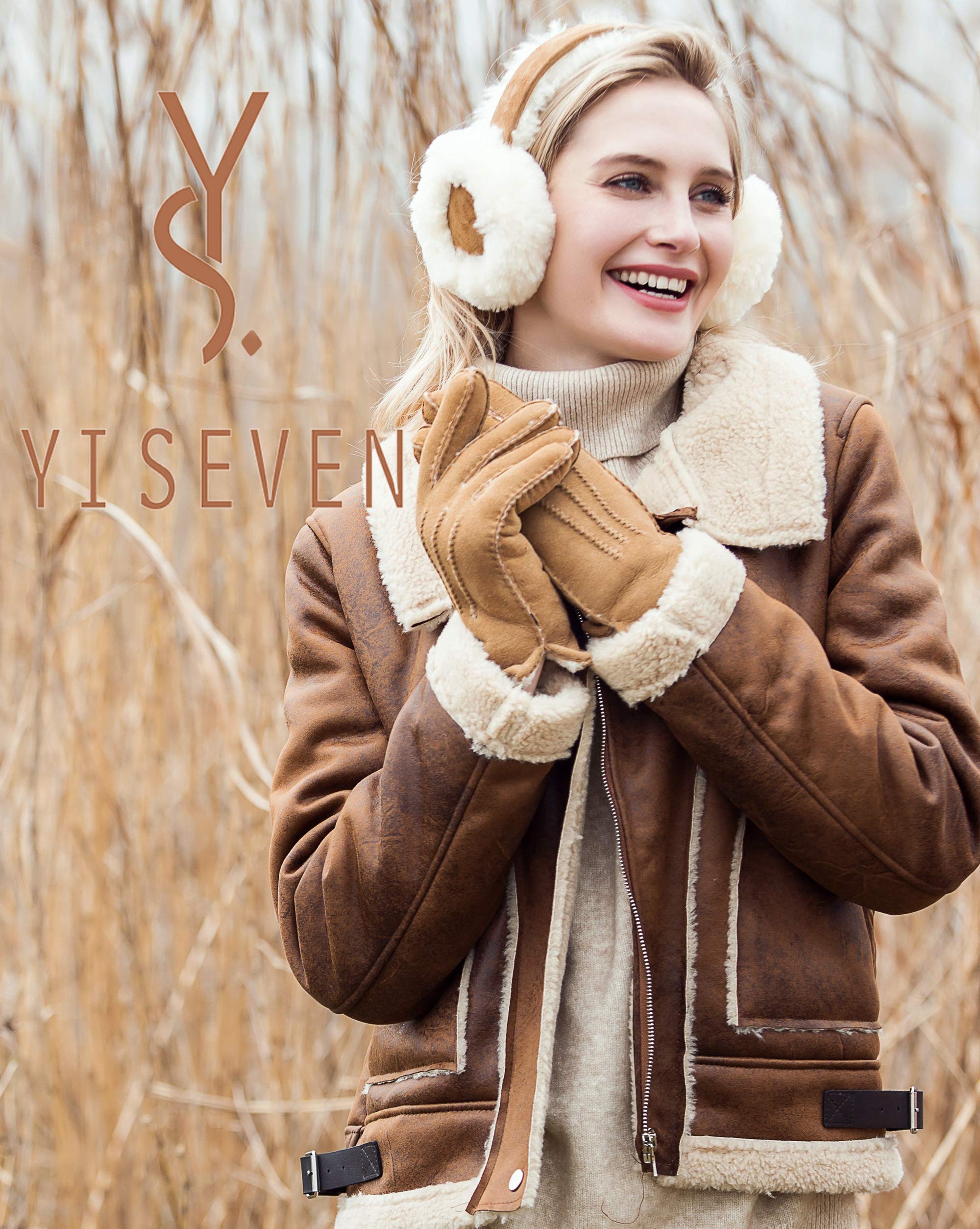 YISEVEN Women's Merino Rugged Sheepskin Shearling Leather Gloves Mittens Sherpa Fur Cuff Thick Wool Lined and Heated Warm for Winter Cold Weather Dress Driving Work New Year Gifts, Camel Medium