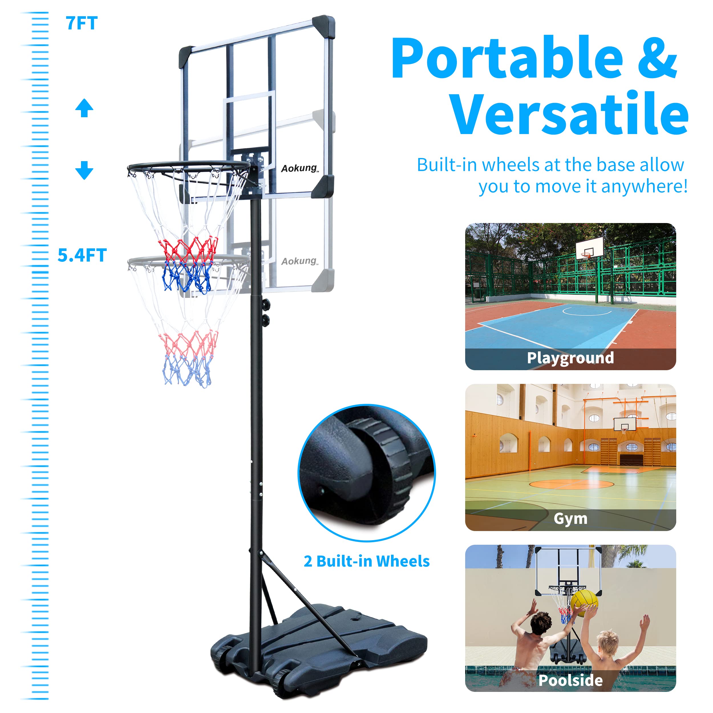 aokung Portable Basketball Hoop Stand w/Wheels for Kids Youth Adjustable Height 5.4ft - 7ft Use for Indoor Outdoor and Poor Basketball Goals Play Set