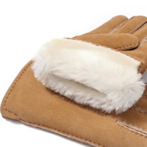 YISEVEN Women's Merino Rugged Sheepskin Shearling Leather Gloves Mittens Sherpa Fur Cuff Thick Wool Lined and Heated Warm for Winter Cold Weather Dress Driving Work New Year Gifts, Camel Medium