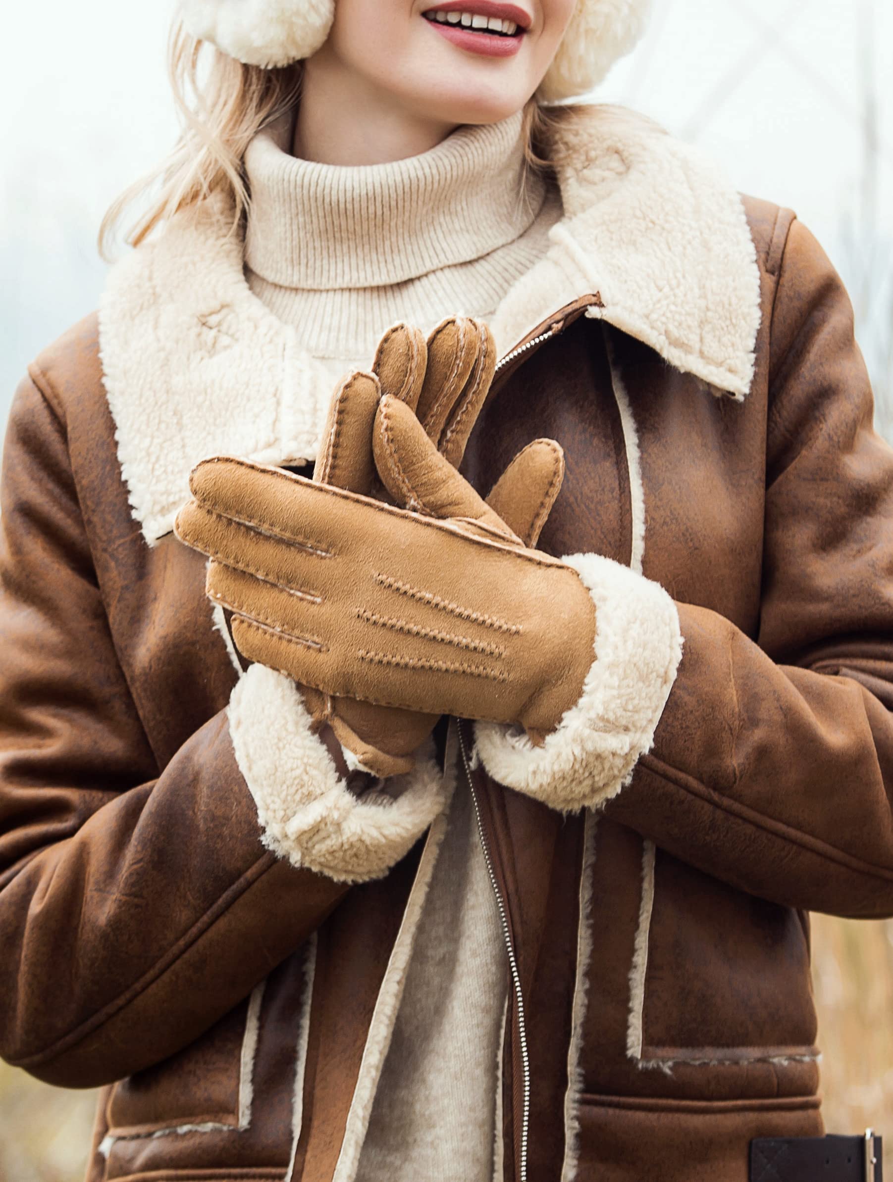 YISEVEN Women's Merino Rugged Sheepskin Shearling Leather Gloves Mittens Sherpa Fur Cuff Thick Wool Lined and Heated Warm for Winter Cold Weather Dress Driving Work New Year Gifts, Camel Medium