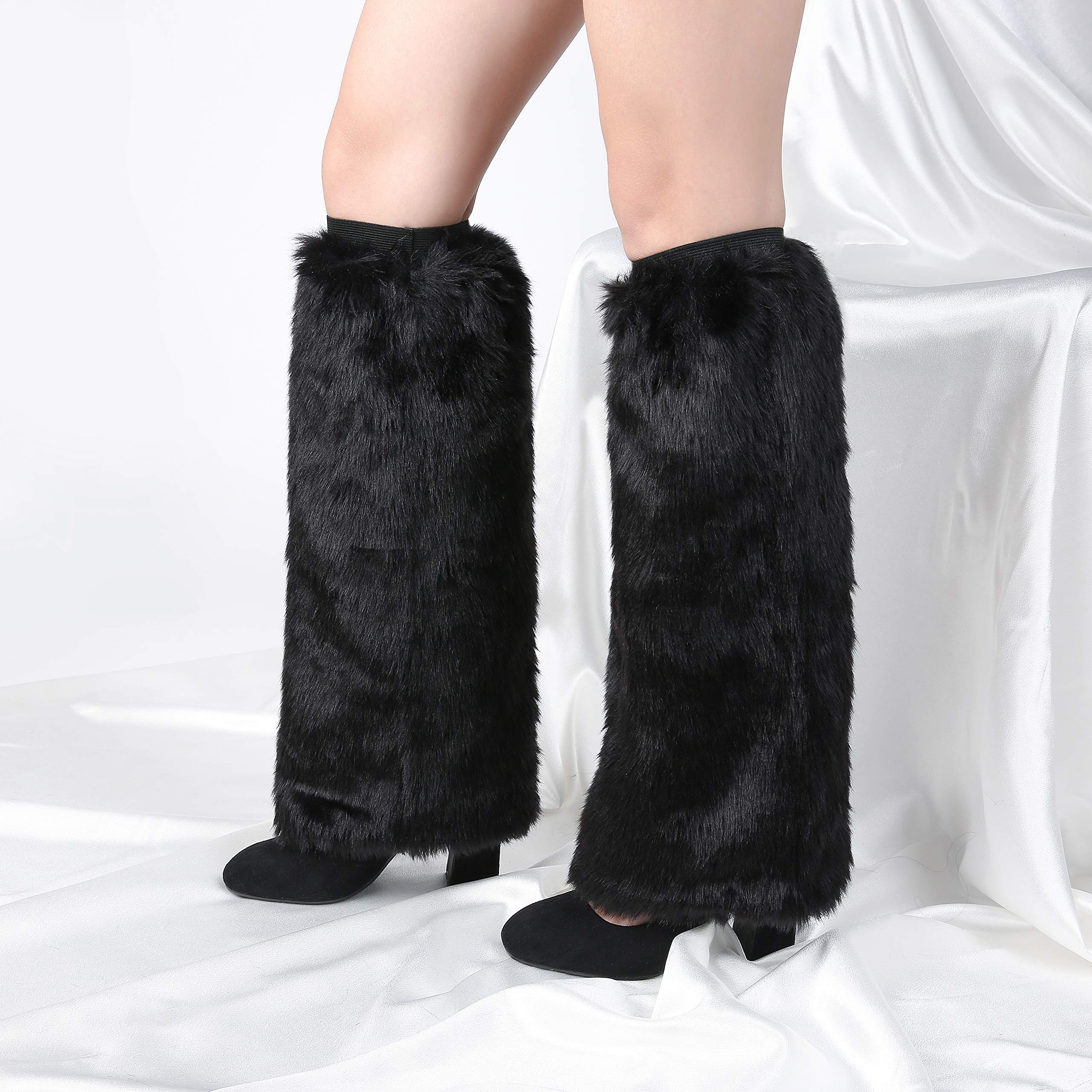 JANFINE Women's Fur Leg Warmers Boot Winter Faux Rabbit Fur Furry Fuzzy Leg Warmer Cuffs Cover For Women(40CM-Black)