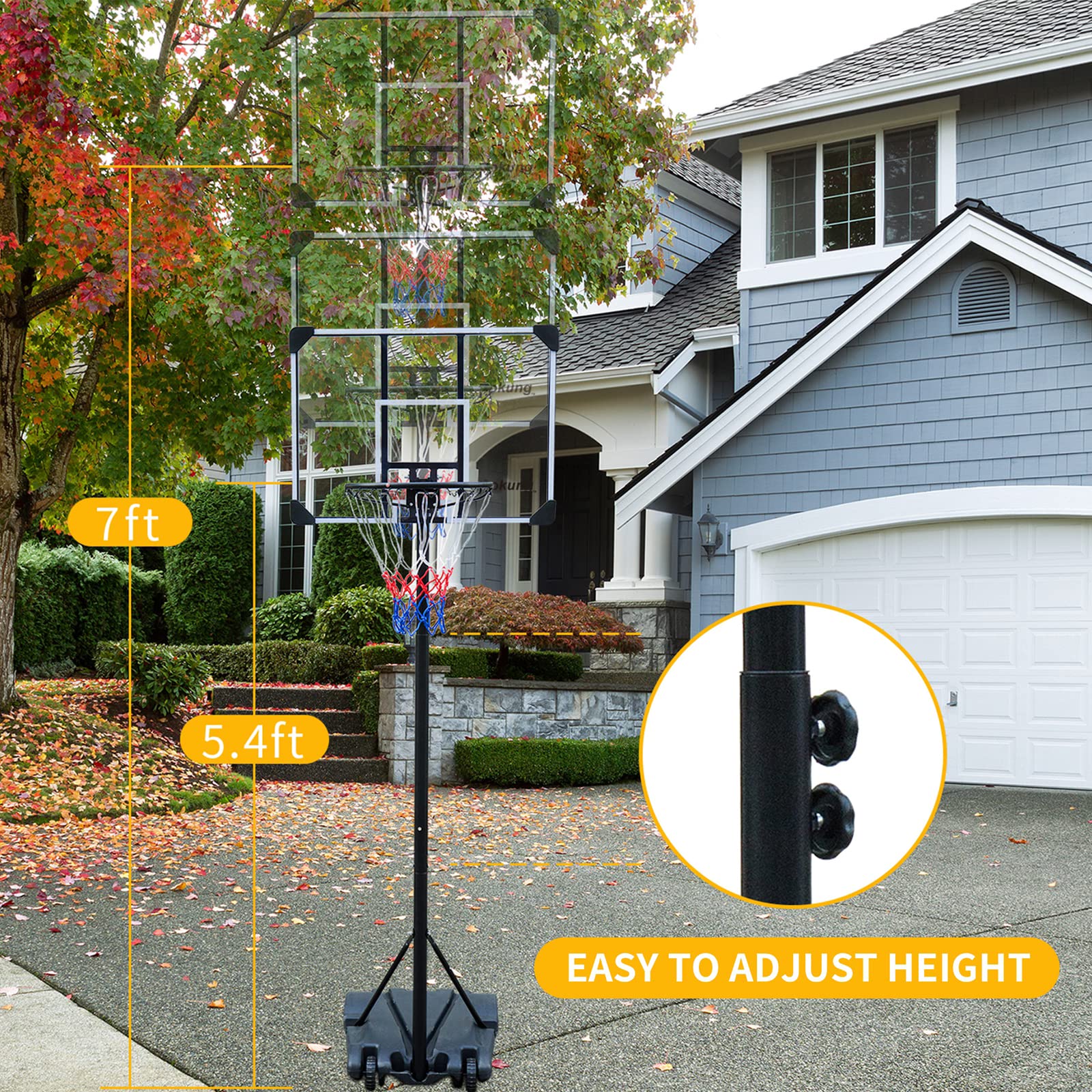 aokung Portable Basketball Hoop Stand w/Wheels for Kids Youth Adjustable Height 5.4ft - 7ft Use for Indoor Outdoor and Poor Basketball Goals Play Set