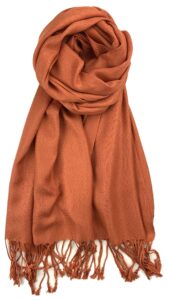 plum feathers premium solid color and metallic fashion scarf, womens pashmina shawl wrap with fringes (clay orange)