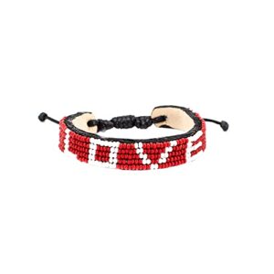 ubuntu life love beaded leather bracelet – handmade glass bead bracelet with slide closure and genuine leather, stackable boho bracelets for women and men (red/white, 1 pack)