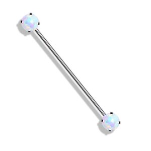 pierced owl 14g stainless steel threadless push-in prong synthetic opal industrial barbell (silver tone/white opal)