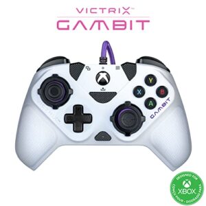 victrix gambit world's fastest licensed xbox controller, elite esports design with swappable pro thumbsticks, custom paddles, swappable white / purple faceplate for xbox one, series x/s, pc